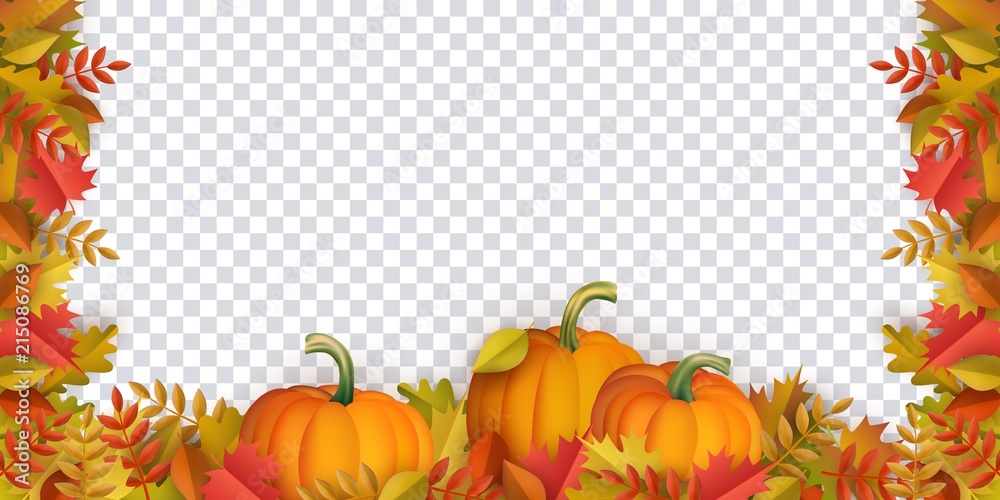 Autumn leaves and pumpkins border frame with space text on transparent ...