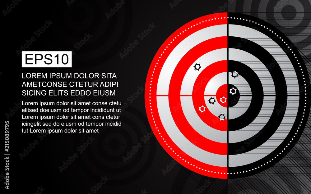Abstract red target, shooting range with bullet hole on black and white ...