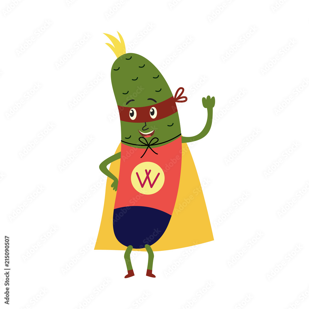 cartoon cucumber hero character in red cape, mask standing waving hand ...