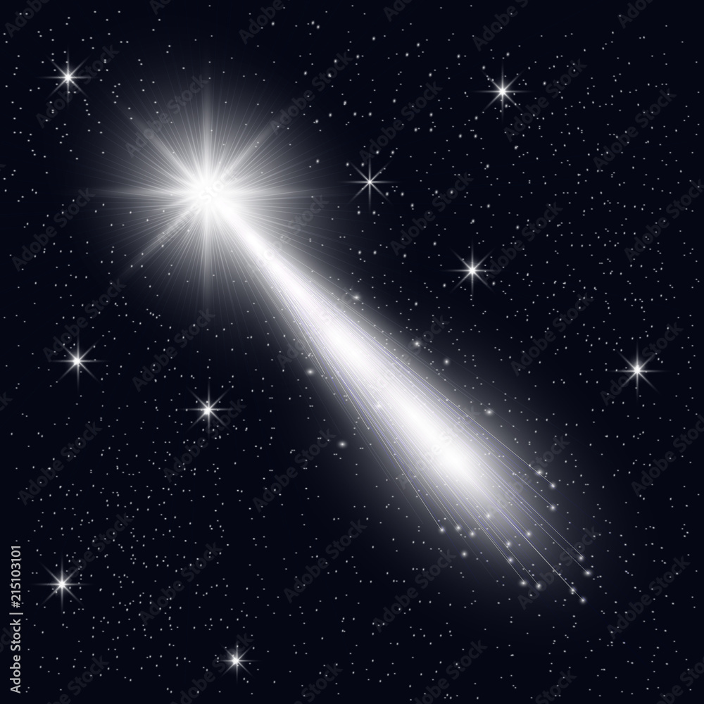 Vector illustration of a starry sky with a bright glowing star. Flash ...