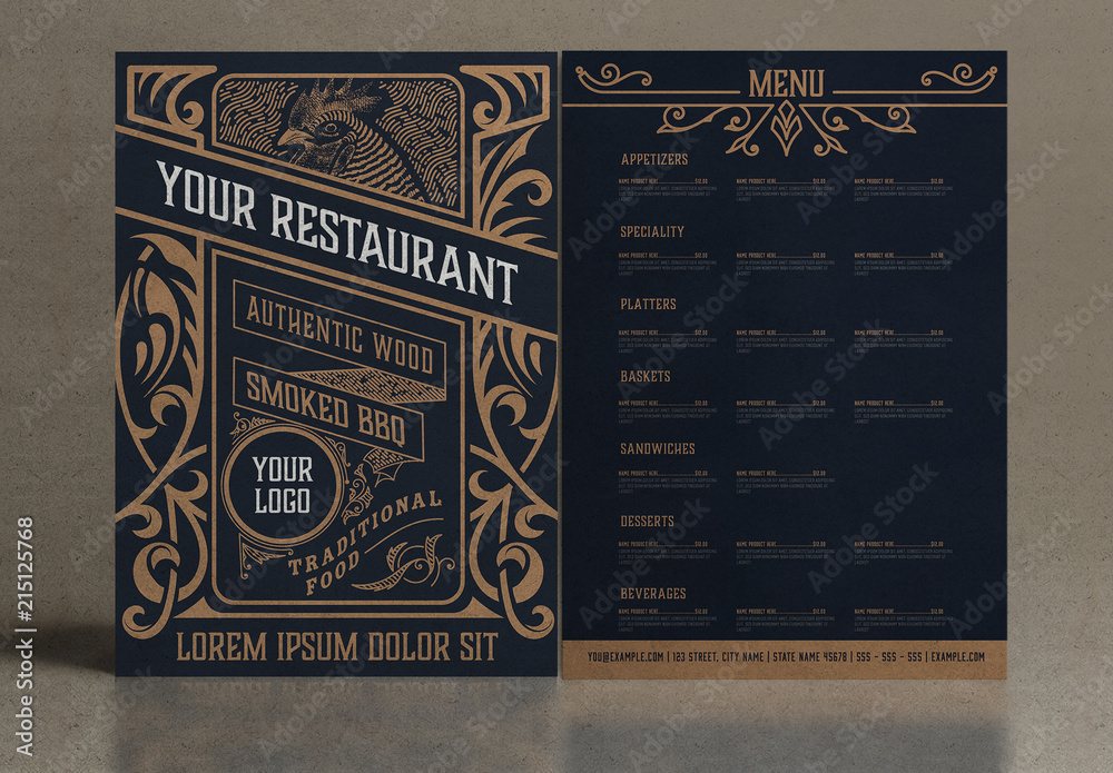 Vintage Restaurant Menu Layout with Tan Ornaments Stock Template ...