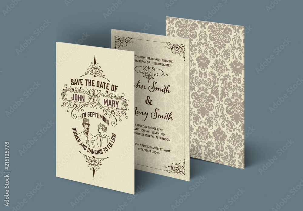 Wedding Invitation Set Layout with Ornamental Patterns Stock Template ...