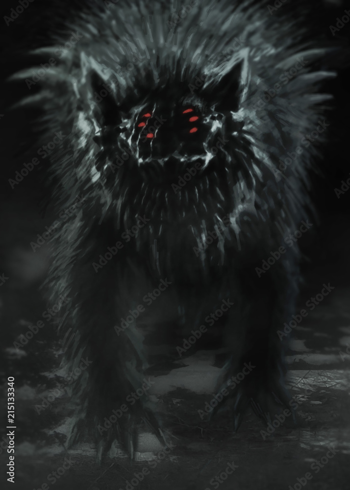 Alien wolf emerges from dark forest and opens his mouth. Stock ...