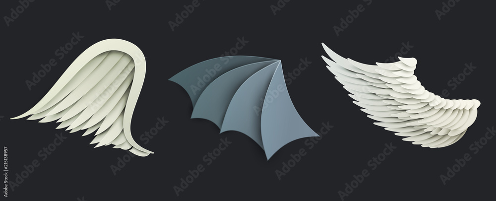 Set wings form in trendy paper cut craft graphic style. Modern design ...