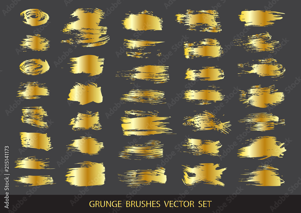 Set of gold paint, ink brush strokes, brushes, lines. Dirty artistic ...