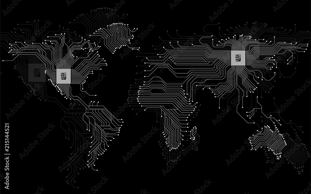 Abstract world map with cpu. Circuit board. Technology background ...