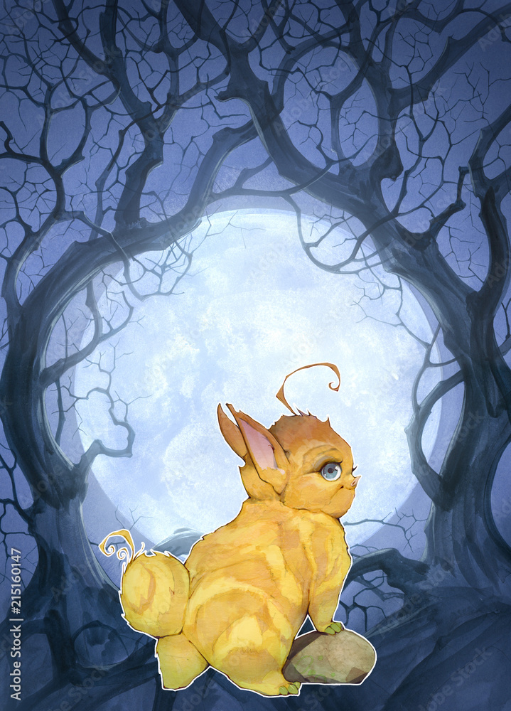 Hand drawn cartoon anime illustration of a cute fantasy baby animals ...