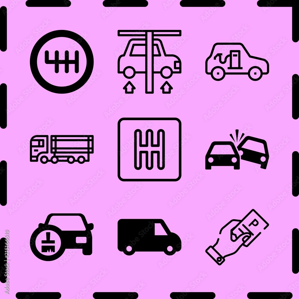 Simple 9 icon set of car related change gear, gearbox, painted car and ...