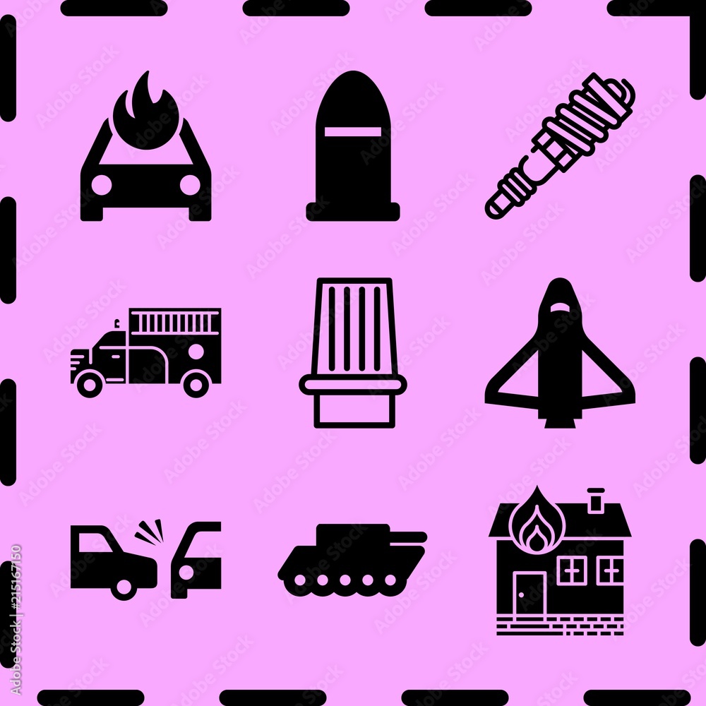 Simple 9 icon set of fire related burning car, bullet, fire truck and ...