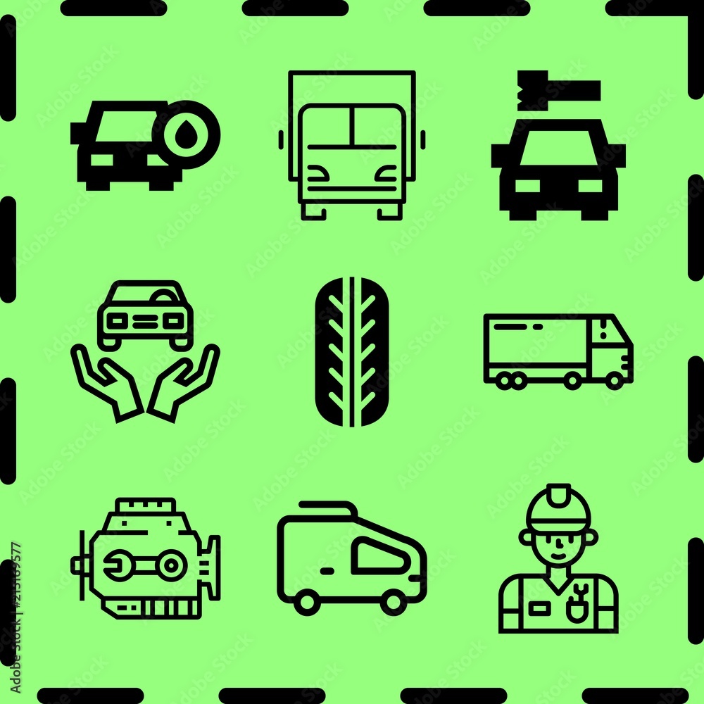 Simple 9 icon set of service related lorry, wheel frontal view, engine ...
