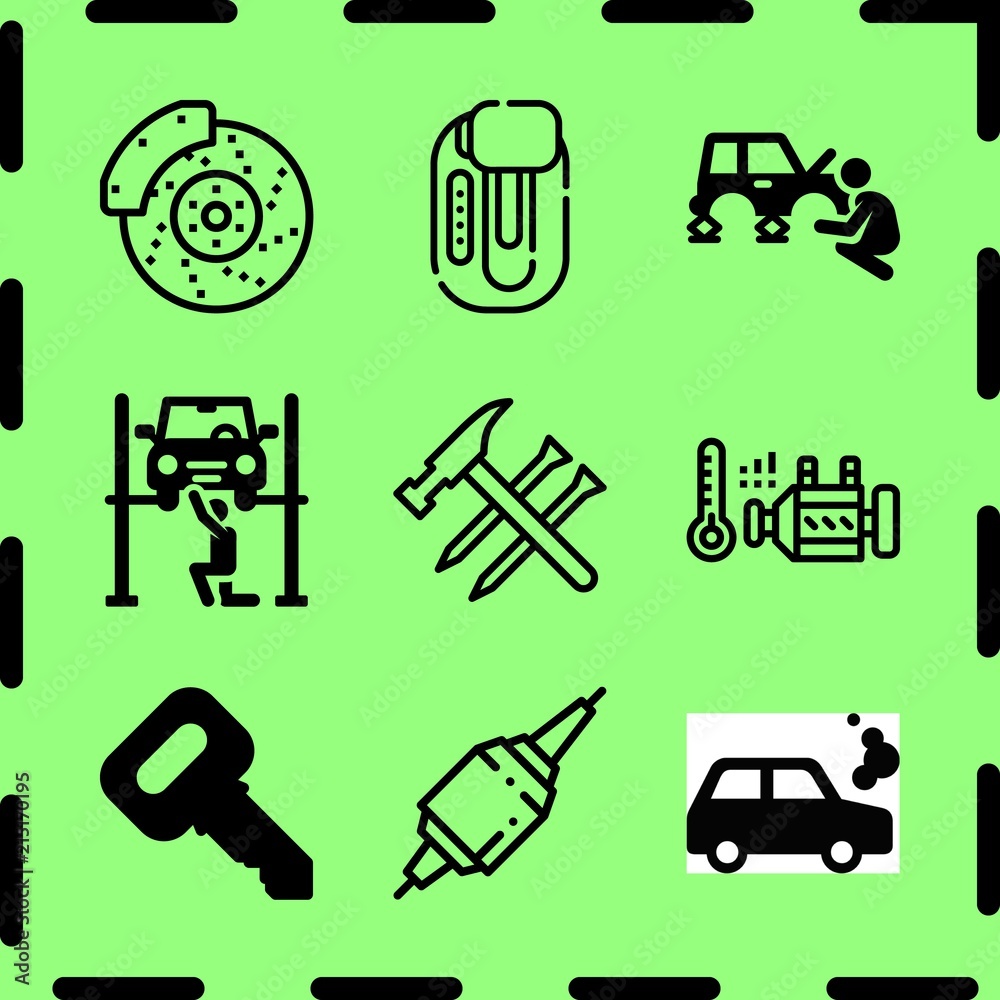 Simple 9 icon set of service related brake disc, car repair, hammer and ...