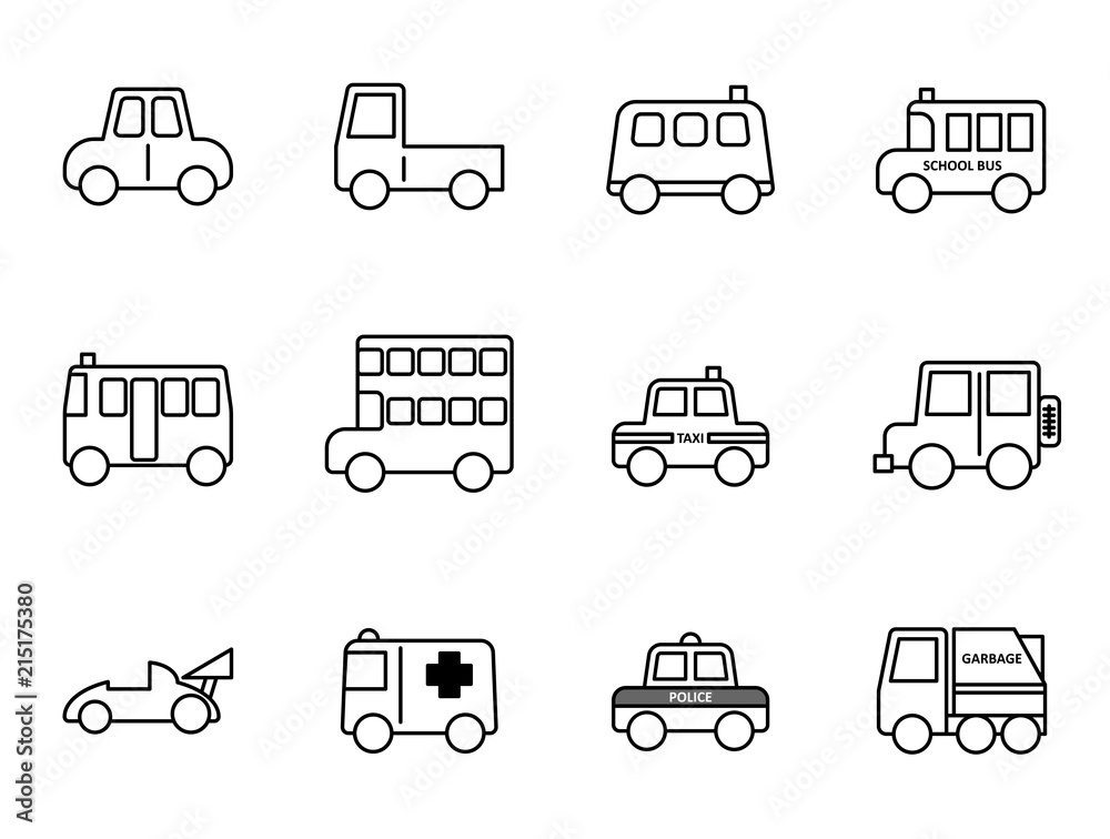 Set of Cartoon simple outline vehicle on the road icon concept for ...