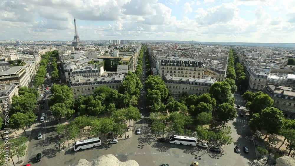 Paris sunset skyline aerial view from top of Arc de Triomphe on Champs ...