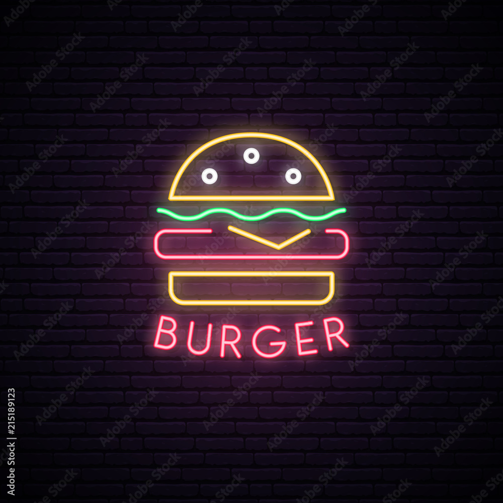 Neon sign of Burger. Neon cafe emblem, bright banner. Advertising ...