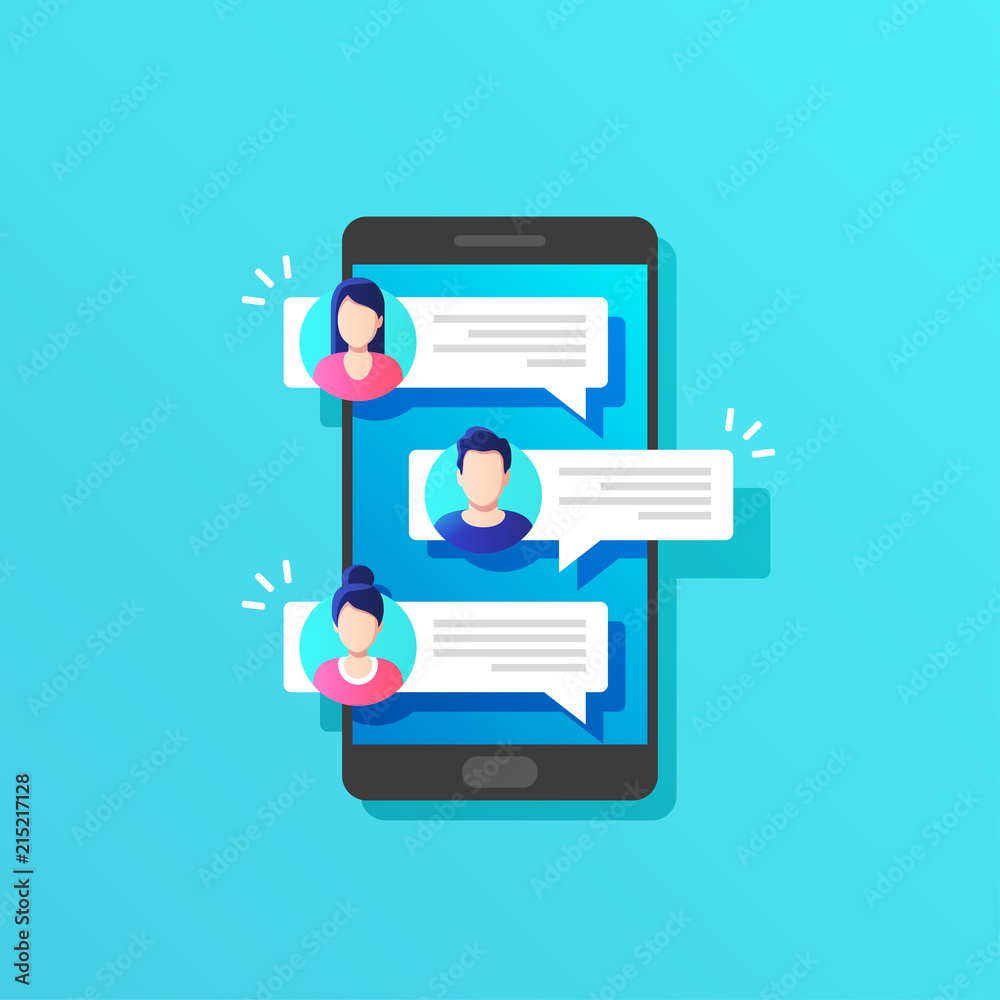 People chatting on mobile. Chat notification on phone, messages bubbles ...