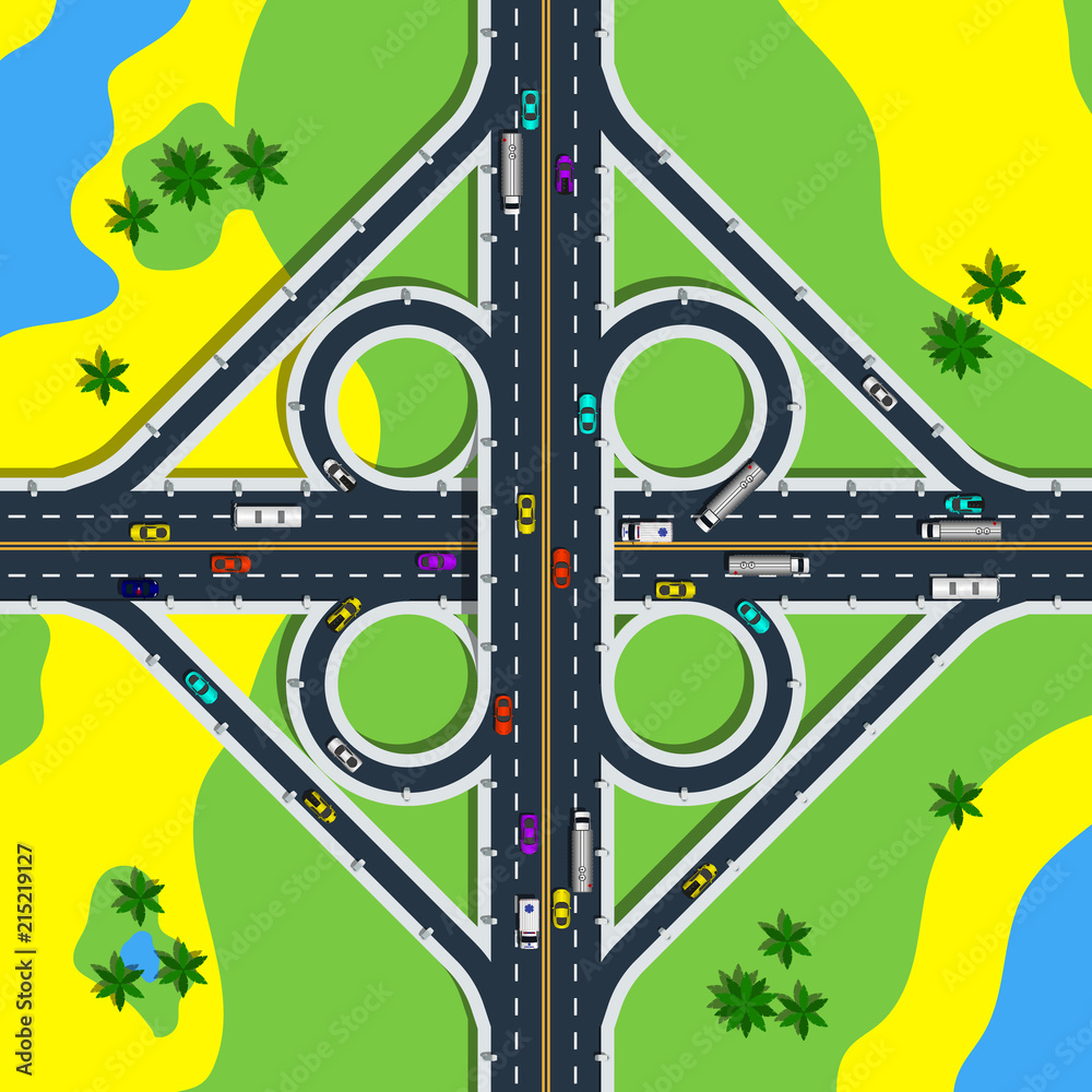 View from above of road junction surrounded by plants and ponds ...
