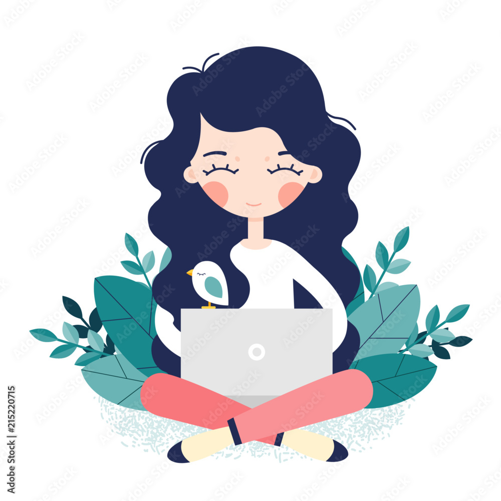 Girl sitting on the floor and working with laptop. Vector illustration ...