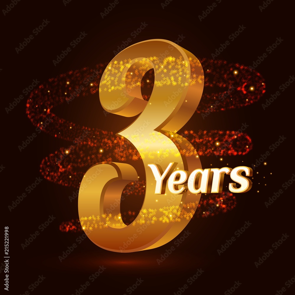 3 years golden anniversary 3d logo celebration with Gold glittering ...
