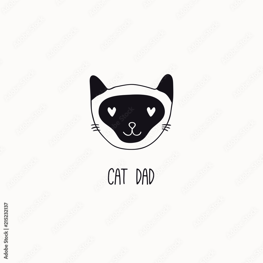 Hand drawn black and white vector illustration of a cute funny cat face ...