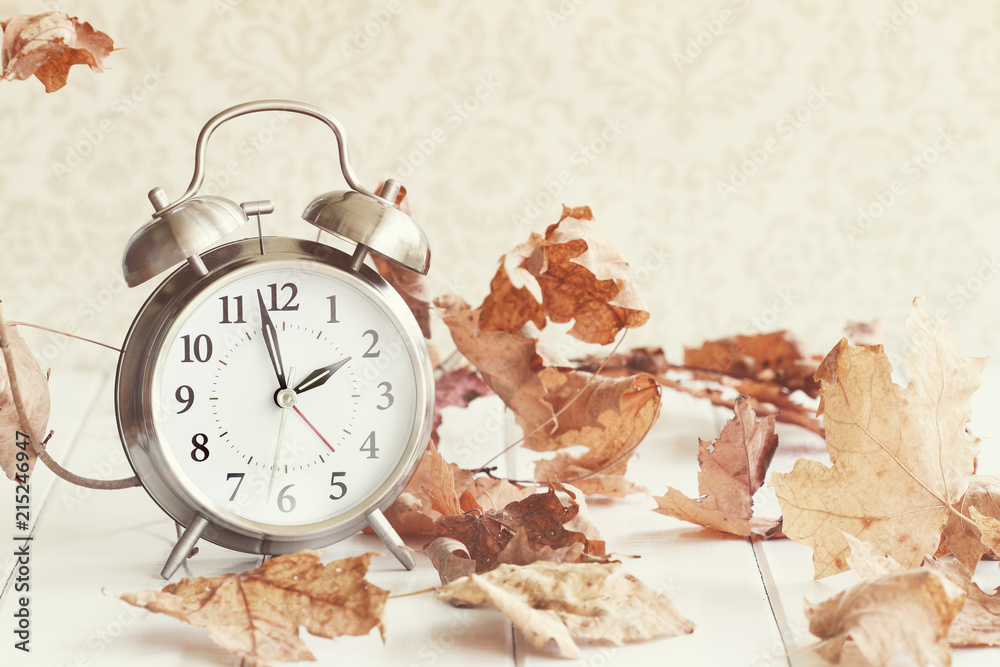 Faded Alarm clock in colorful autumn leaves against a retro background ...