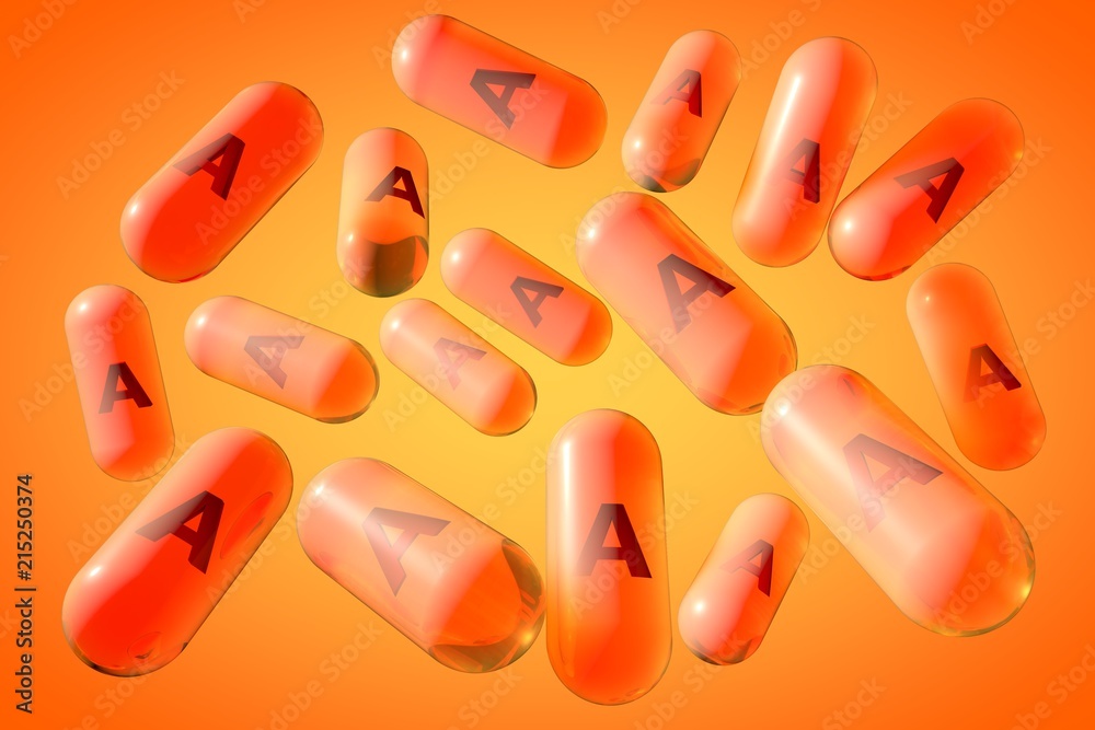 Transparent golden vitamin A capsules. Retinol tablets. Vitamin and ...