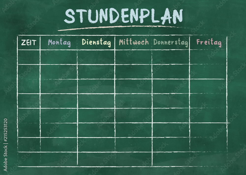 STUNDENPLAN, German for school timetable or class schedule, on green ...