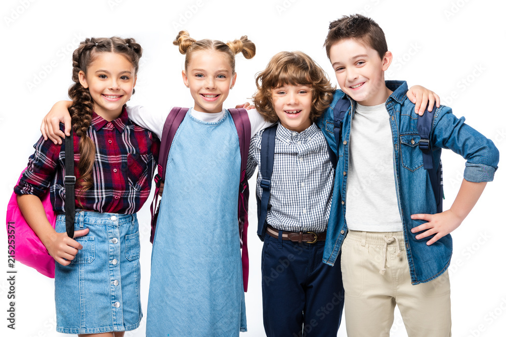 classmates hugging and looking at camera isolated on white Stock Photo ...