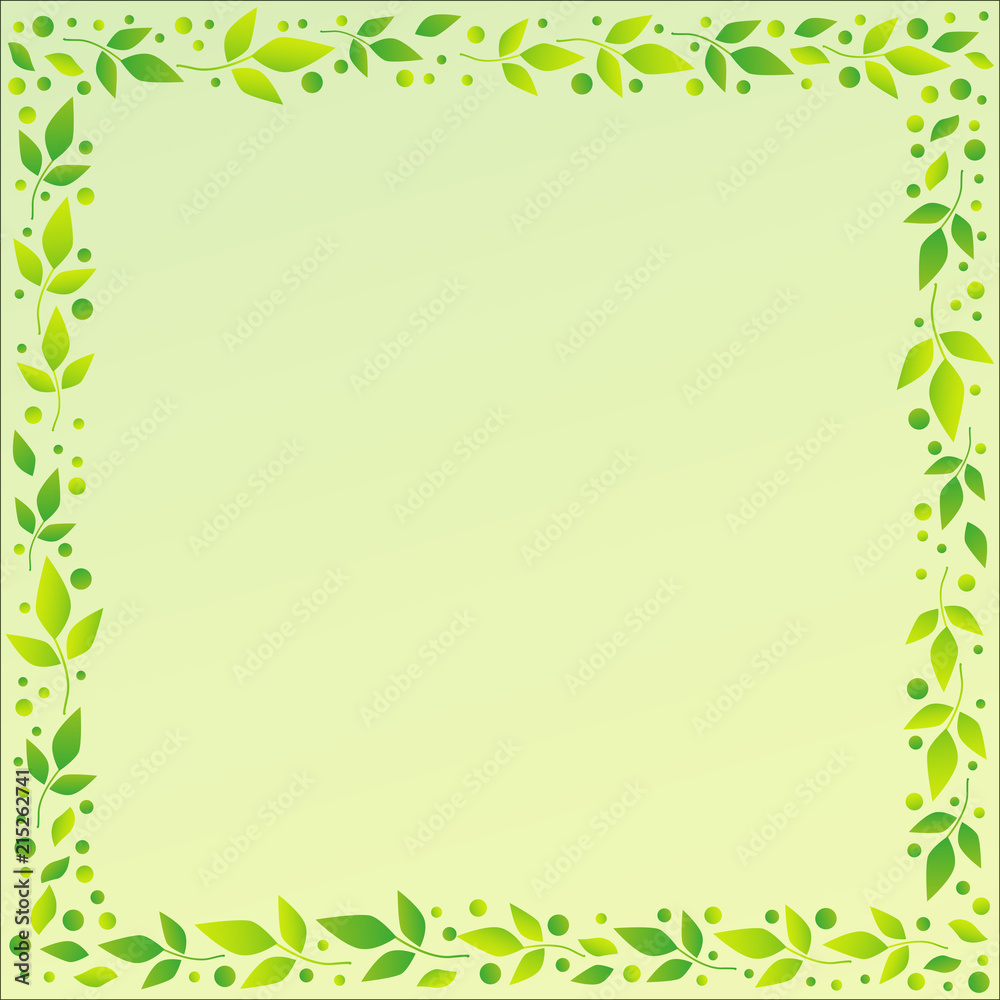 Light green square background with decorative frame of green leaves and ...
