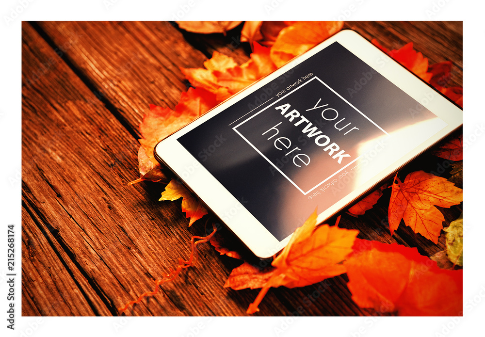 Tablet on Fall Leaves Mockup Stock Template | Adobe Stock
