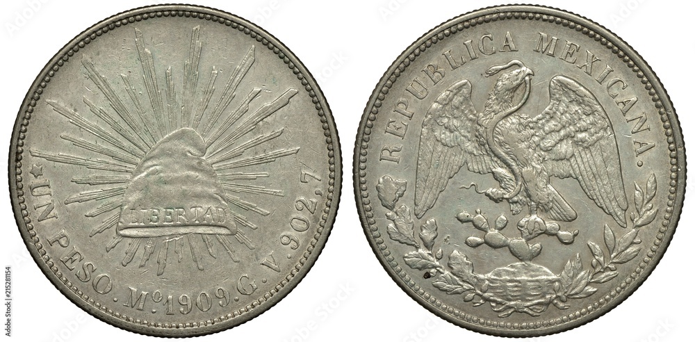 Mexico Mexican silver coin 1 one peso 1909, Phrygian cap with rays ...