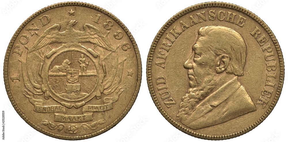 South African Republic Transvaal golden coin 1 one pound 1896, coat of ...