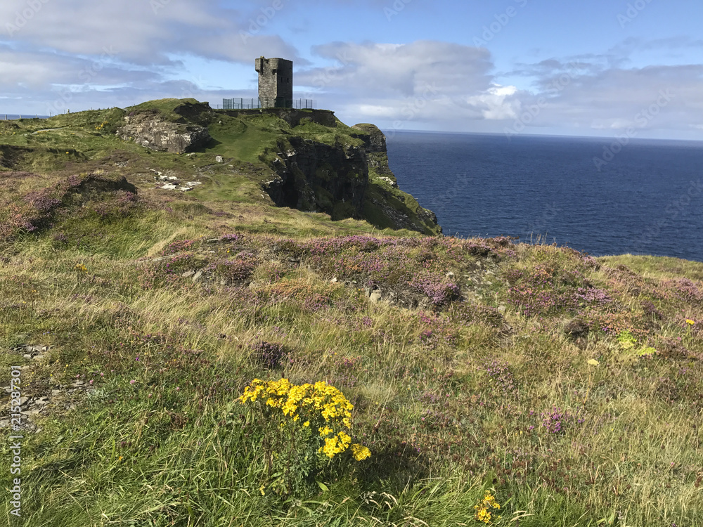 Expansive view of shoreline from the Cliffs of Moher, medieval castle ...