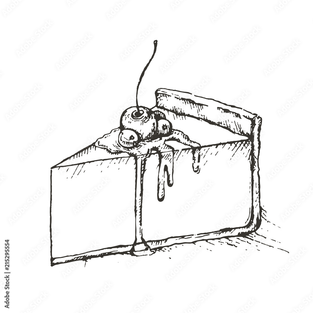 hand drawn piece of cheesecake decorated with fresh berries, sketch ...