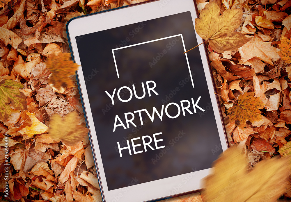 Tablet on Fall Leaves Mockup Stock Template | Adobe Stock