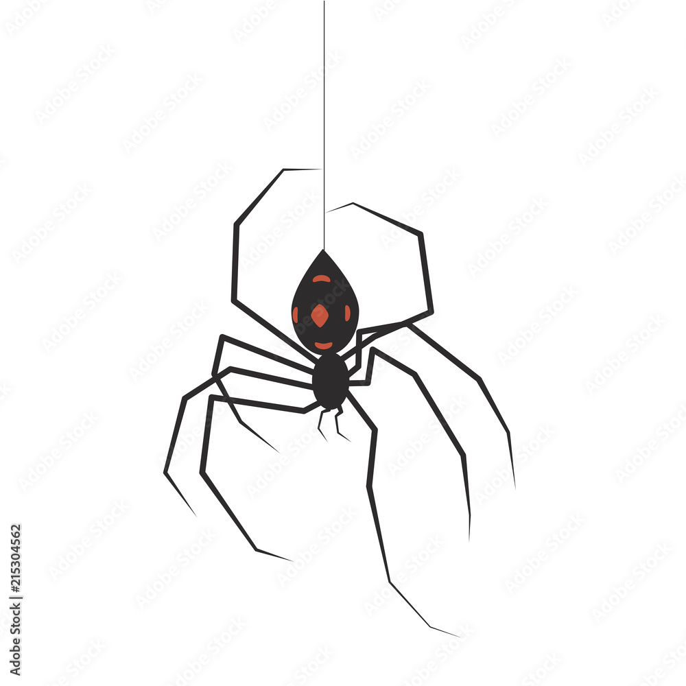 one balck widow spider with red spots on it's abdomen coming down one ...