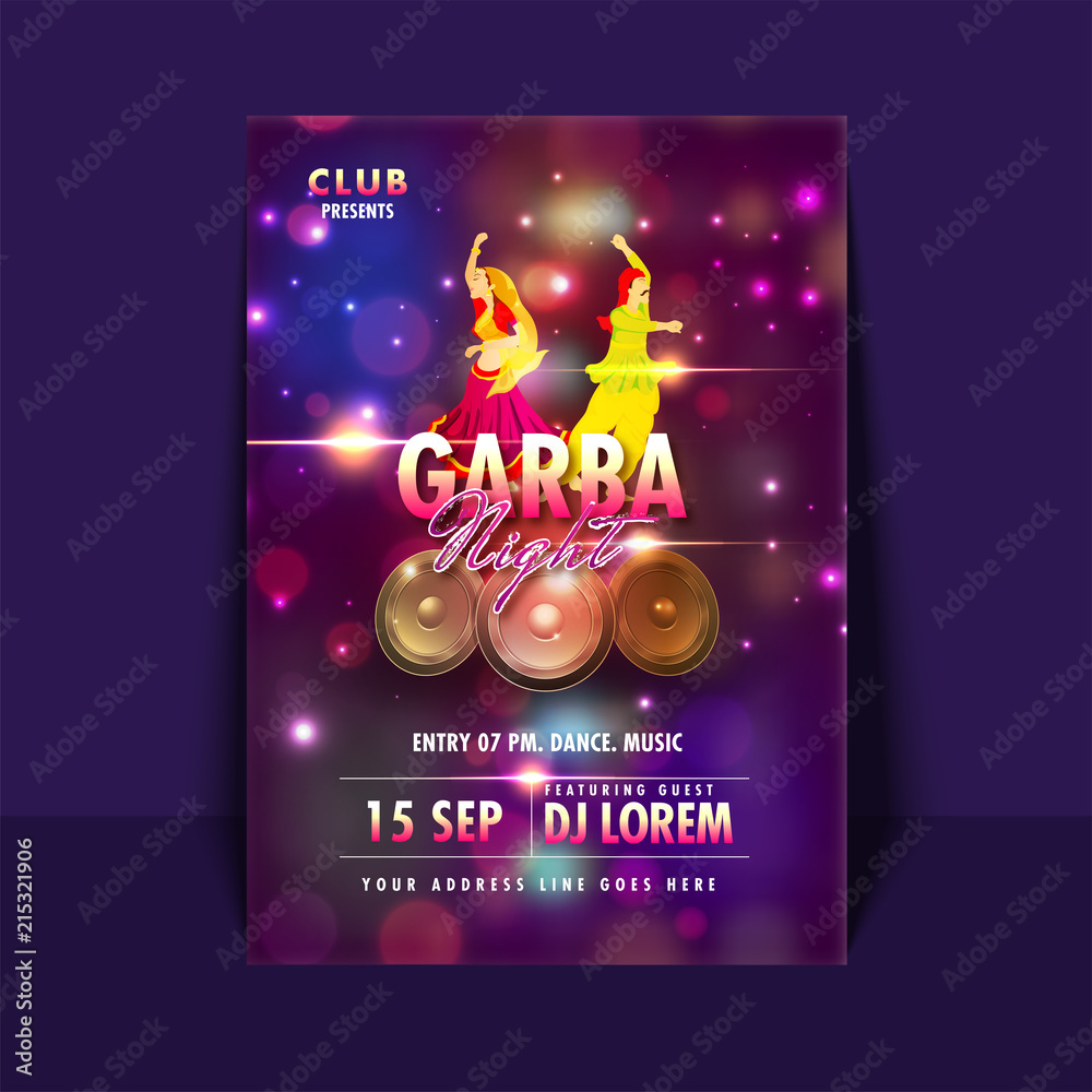 Party poster or flyer design with couple in dancing pose and woofer ...