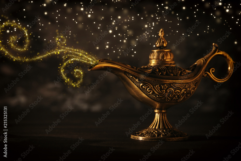 Image of magical mysterious aladdin lamp with glitter sparkle smoke ...