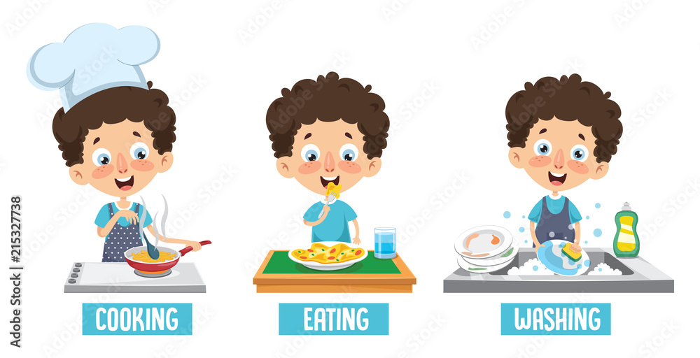 Vector Illustration Of Kid Cooking, Eating And Washing Dishes Stock ...