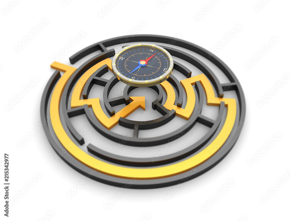 Round labyrinth maze with a compass showing right direction. Concept of ...