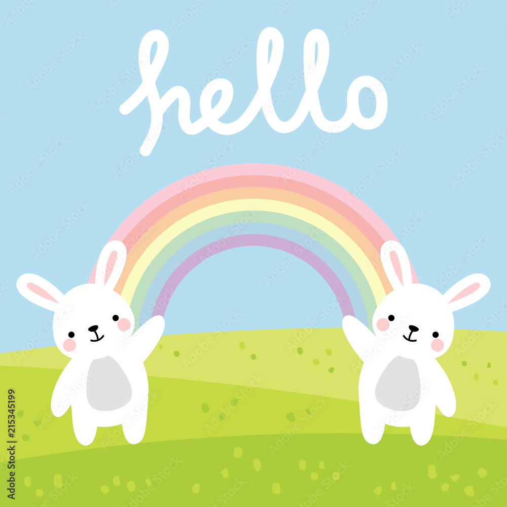 Rabbit vector print, baby shower card. hello bunny with balloon cartoon ...