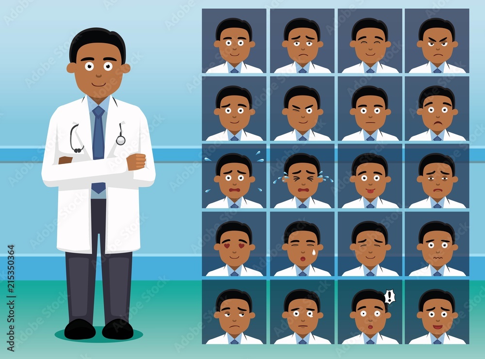 Hospital Staff Doctor Black Cartoon Character Emotion faces Stock ...