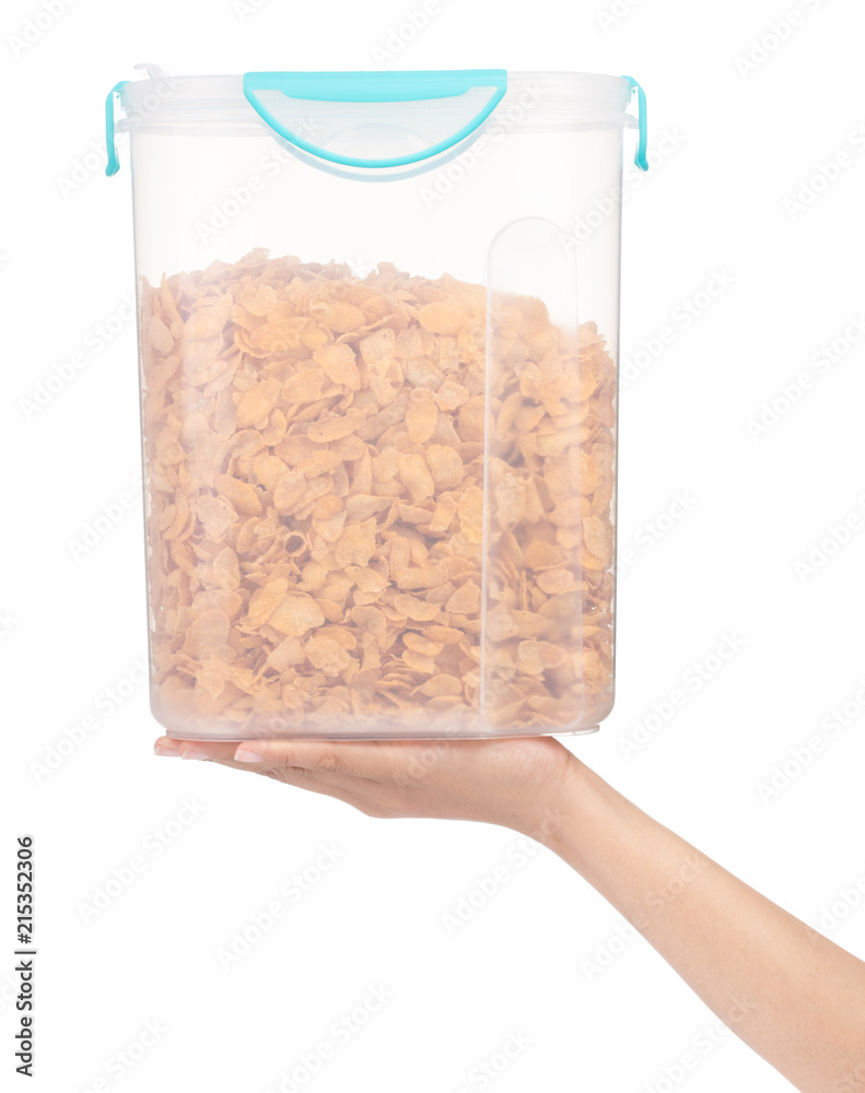 hand holding Food and cereals container box isolated on white ...