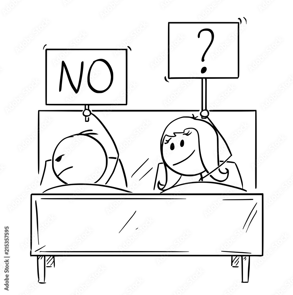 Cartoon stick drawing conceptual illustration of couple in bed. Woman ...