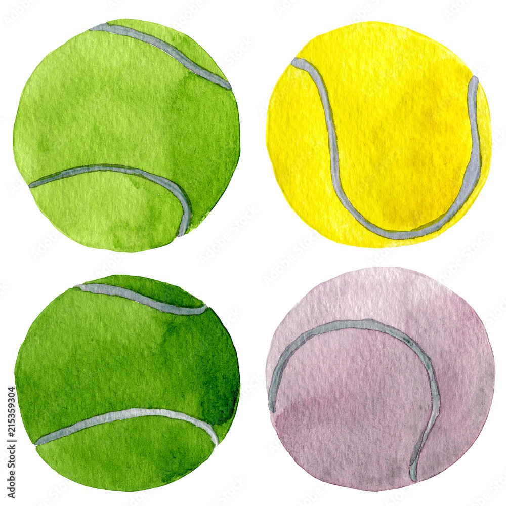 Hand drawn watercolor painting of colorful tennis balls isolated on ...