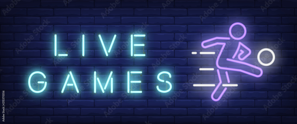 Live games neon text with football player kicking ball. Sport and ...