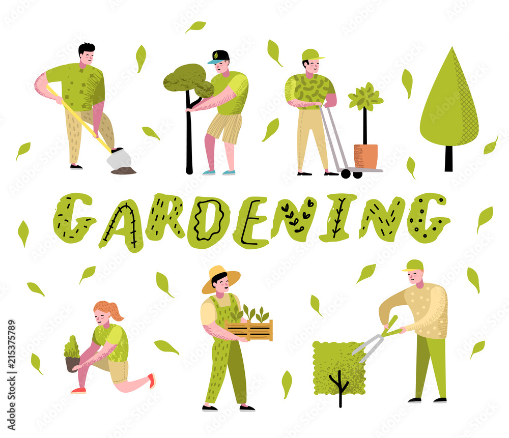 Gardening Cartoons Set. Funny Simple Characters with Plants and Trees ...