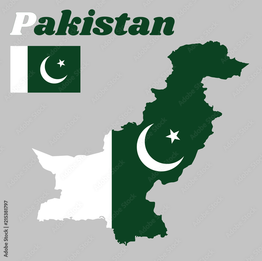 Map outline and flag of Pakistan, a white star and crescent on a dark ...