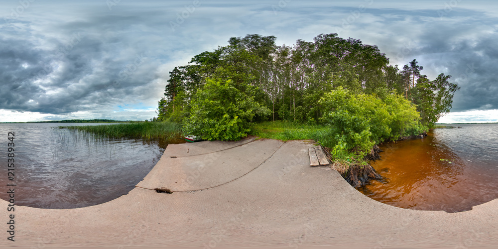 Pier at the lake with cold blue sky. 3D spherical panorama with 360 ...