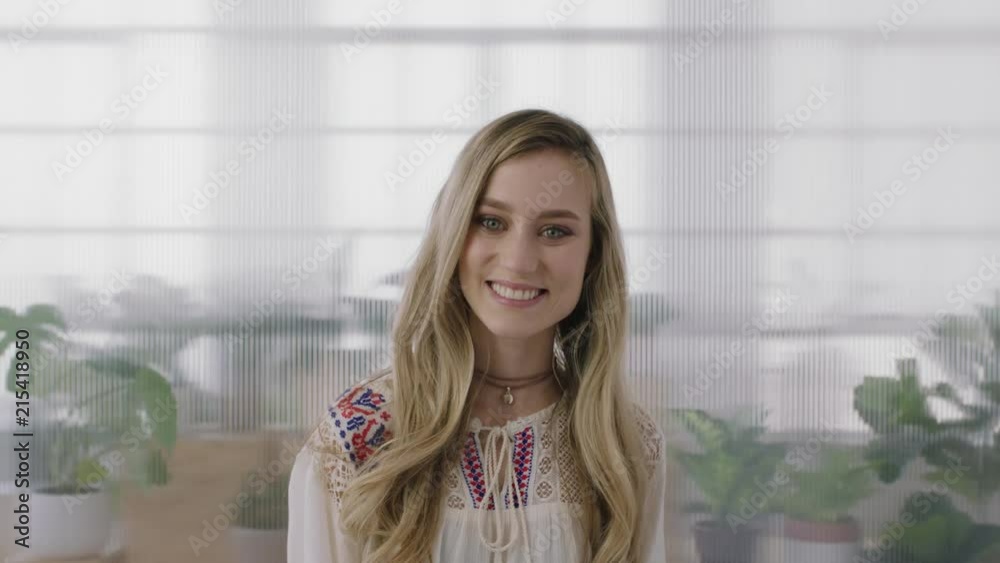 portrait of beautiful blonde business woman intern smiling happy ...