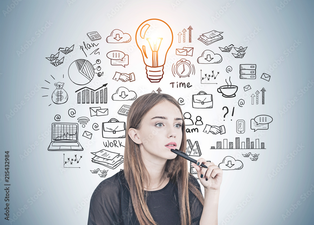 Pensive young woman with pen, business idea Stock Photo | Adobe Stock